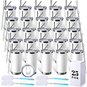 Sieral 25 Pieces 20oz Tumbler Bulk Stainless Steel Cups Double Wall Vacuum Insulated Travel Mug Bulk Stainless Steel Tumblers Lid and Straw Powder Coated Coffee Cups for Cold and Hot Drinks (White)