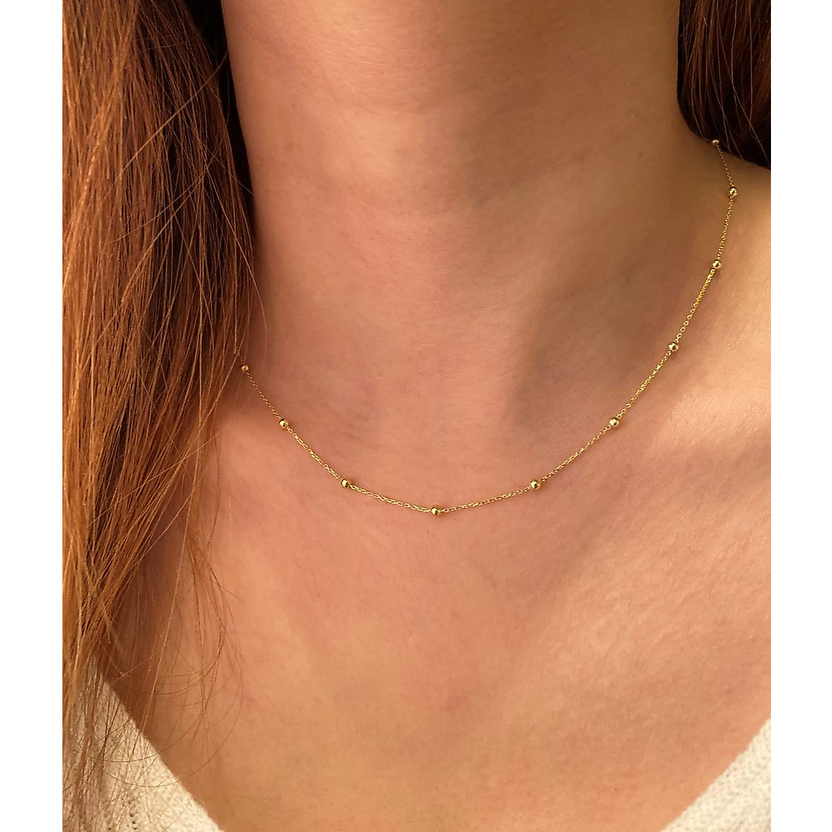 BERISO 14K Gold/Silver Plated Choker Necklace for Women Shining Dots Station Gold Chain Necklace Beads Sparkle Chain Necklace Link Chain Exquisite Jewelry for women