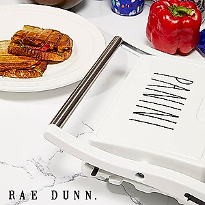 Rae Dunn Panini Maker - 750 Watt 2-Slice Press Grill with Indicator Lights | Opens 180 Degrees | Double Sided Heating | Non-stick Cooking | Cool Touch Handle | Easy to Clean, Cream
