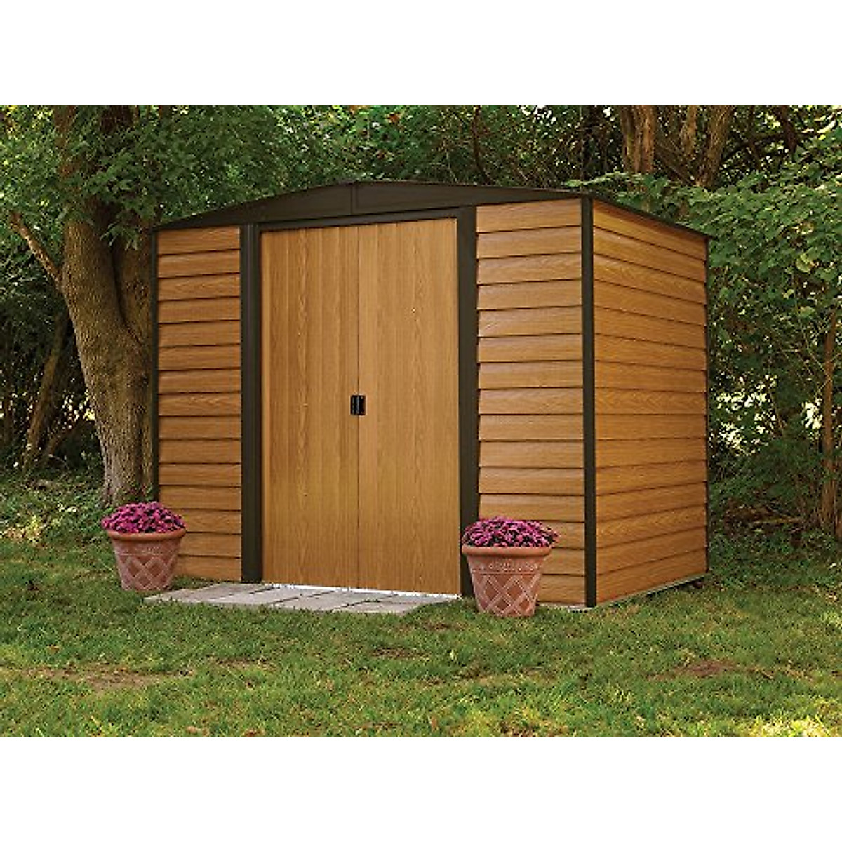 Arrow Shed WR86 Arrow Woodridge Low Gable Steel, Coffee/Woodgrain 8 x 6 ft. Storage Shed & AK600 Earth Anchor Kit, Steel-Stainless