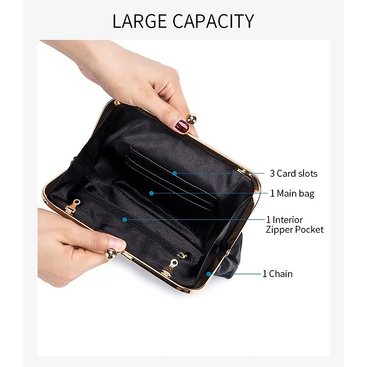 Vintage Genuine Leather Women Clip Bag Kiss Lock Clutch Purse Chain Crossbody Bags Small Evening Bags (Wine Red)