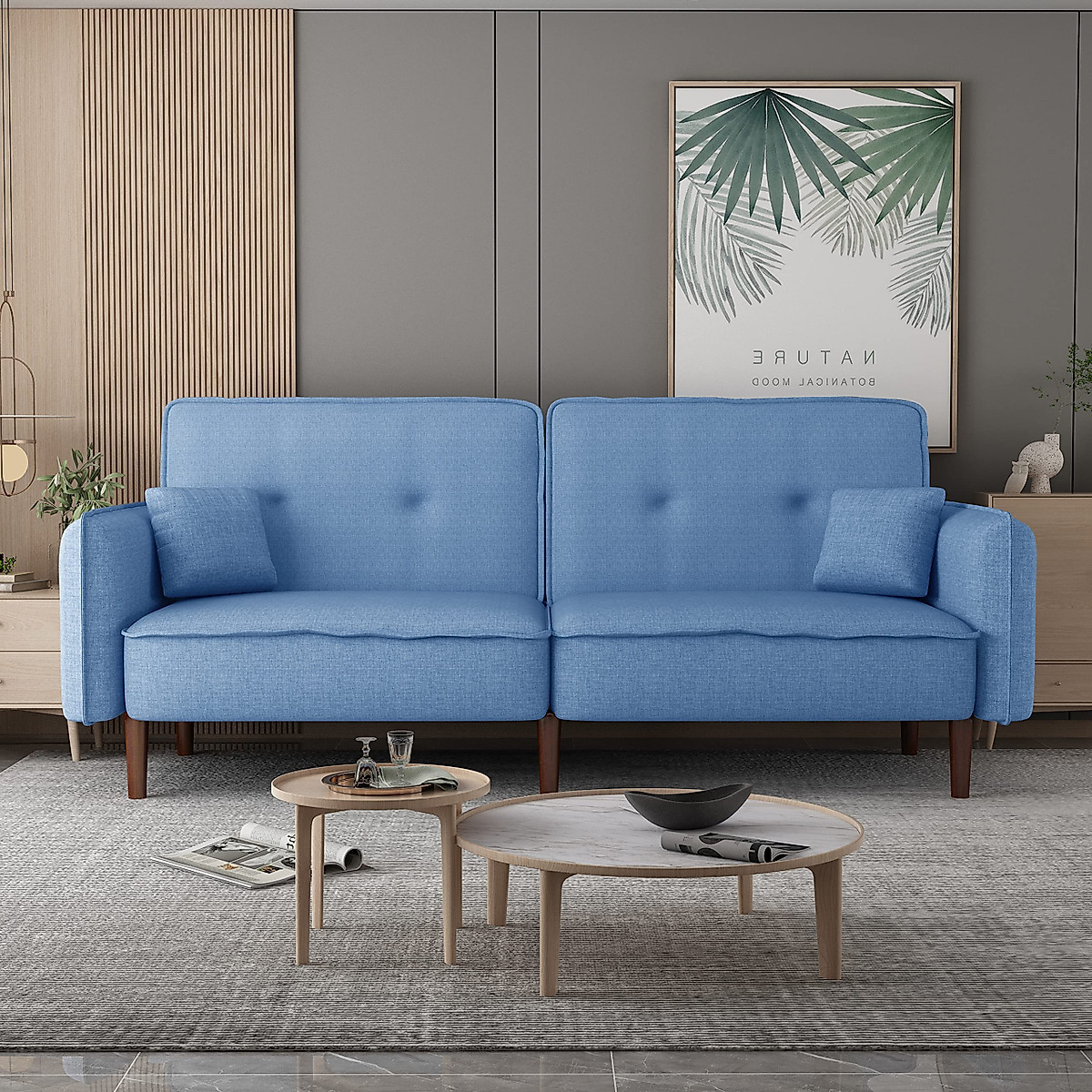 WILLIAMSPACE 75" Futon Sofa Bed, Convertible Sleeper Sofa with Magazine Bag, Small Splitback Sofa with Tapered Solid Wood Leg, Padded Seat and Back, Loveseat Couch for Living Room, Blue Fabric