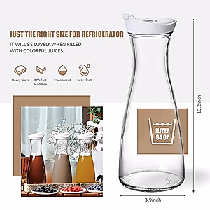 MOLADRI Glass Carafe with Lid, 1 Liter/34oz Juice Jugs for Mimosa Bar, Brunch, Party, Drink, Water, Wine, Ice Tea Pitcher, Beverage Jars for Fridge, Milk Containers for Refrigerator, Set of 3