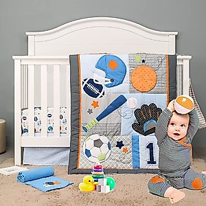 Brandream Sport Baby Crib Bedding Sets - No.1 Champ Ball Theme Boys Nursery Set | 3-Piece Nursery Set | Baby Quilt, Fitted Crib Sheet, Dust Ruffled Included - Blue & Grey