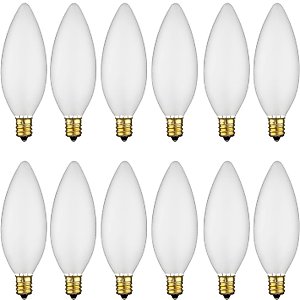 Sunlite B10 Incandescent Petite Chandelier Light Bulb, 15 Watts, Frosted, 70 Lumens, 120 Volts, Candelabra (E12) Base, Torpedo Tip, Dimmable, Title-20 Compliant, 2600K Warm White, 12 Count