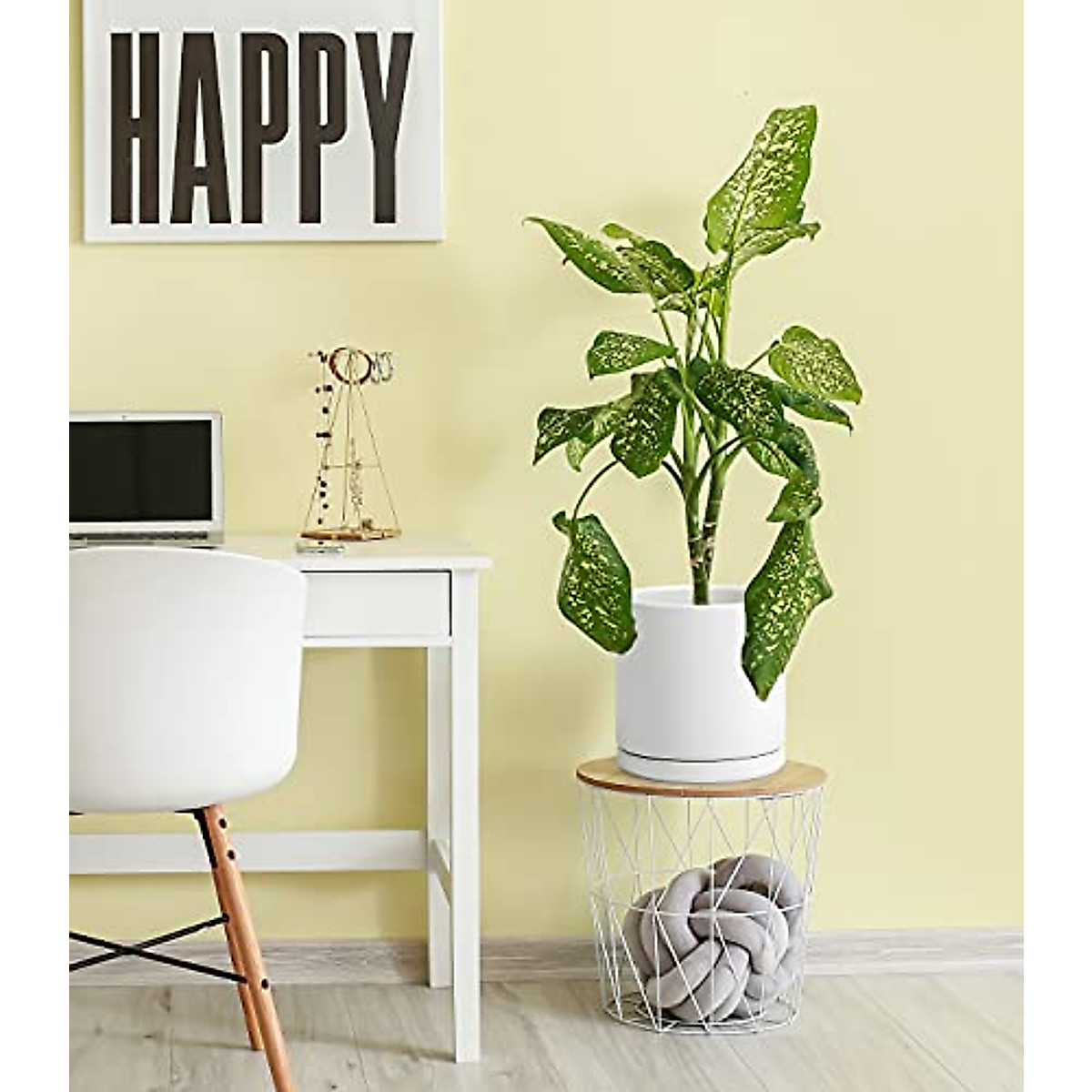 D'vine Dev 10 Inch Ceramic Planter Pot with Drainage Hole and Saucer, Indoor Cylinder Round Planter Pot, White, 94-O-L-1