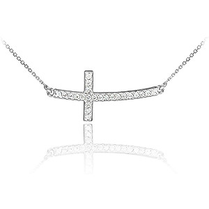 925 Sterling Silver Curved Pendant Stone Studded Sideways Cross Necklace - 16 Inches