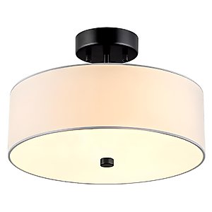 3-Light Semi Flush Mount Ceiling Light Fixture, 13" Black Drum Light, Modern Close to Ceiling Light with White Fabric Shade Lamps for Bedroom Living Dining Room Kitchen Hallway Entryway