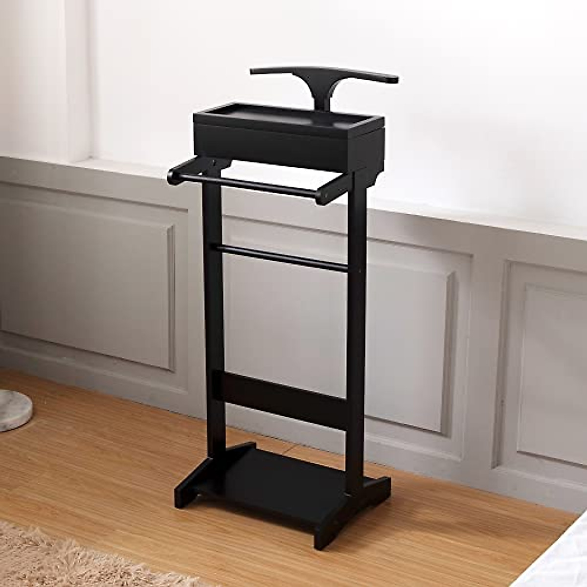 Sardoxx Valet Stand For Man, Father's Day Gift, Black Wood Suit Valet Stand, Clothes Stand With Top Tray, Shoe Rack, Lidded Storage, Used In Entryway Office Living Room, 17" L x 13.6" W x 43" H