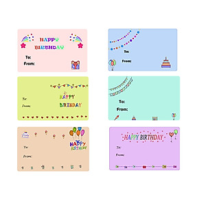 JianDay 350 Adhesive Happy Birthday Stickers, Present Stickers, 1.5 x 2 Inch Birthday Label Stickers for Party Supplies Festival Holiday Presents, 6 Assorted Designs (Rectangle, 1.52 inch)