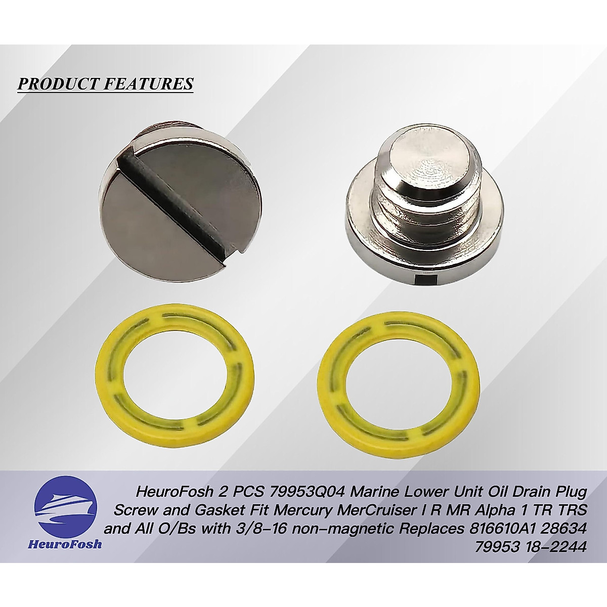 HeuroFosh 2 PCS 79953Q04 Marine Lower Unit Oil Drain Plug Screw and Gasket Fit Mercury MerCruiser I R MR Alpha 1 TR TRS and All O/Bs with 3/8-16 non-magnetic Replaces 816610A1 28634 79953 18-2244