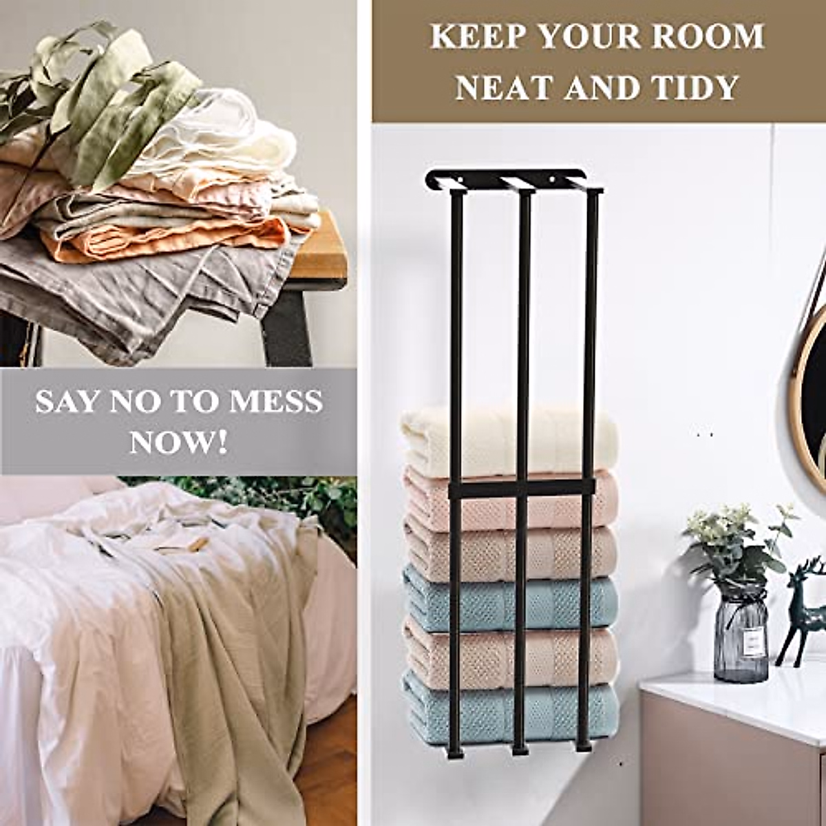 2022 Towel Rack for Bathroom, Bath Towels Storage Holder Wall Mounted, Modern Rolled Folded Towels Organizer, Bathroom Organization, Stainless Steel Metal Washcloths Towels Vertical Shelf (Black)