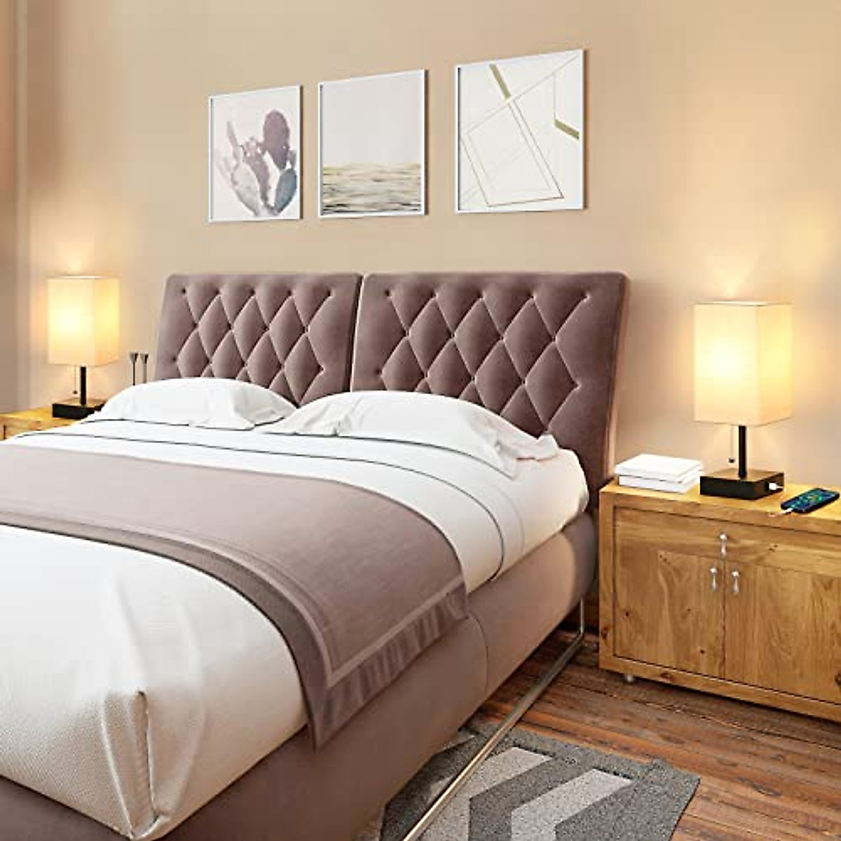 BesLowe Bedside Lamps with USB Charging Ports, Table Lamps Set of 2, Nightstand Lamps, Minimalist Modern with Pull Chain Switch and Beige Fabric Shade for Bedroom Living Room Home Office Kid’s Room