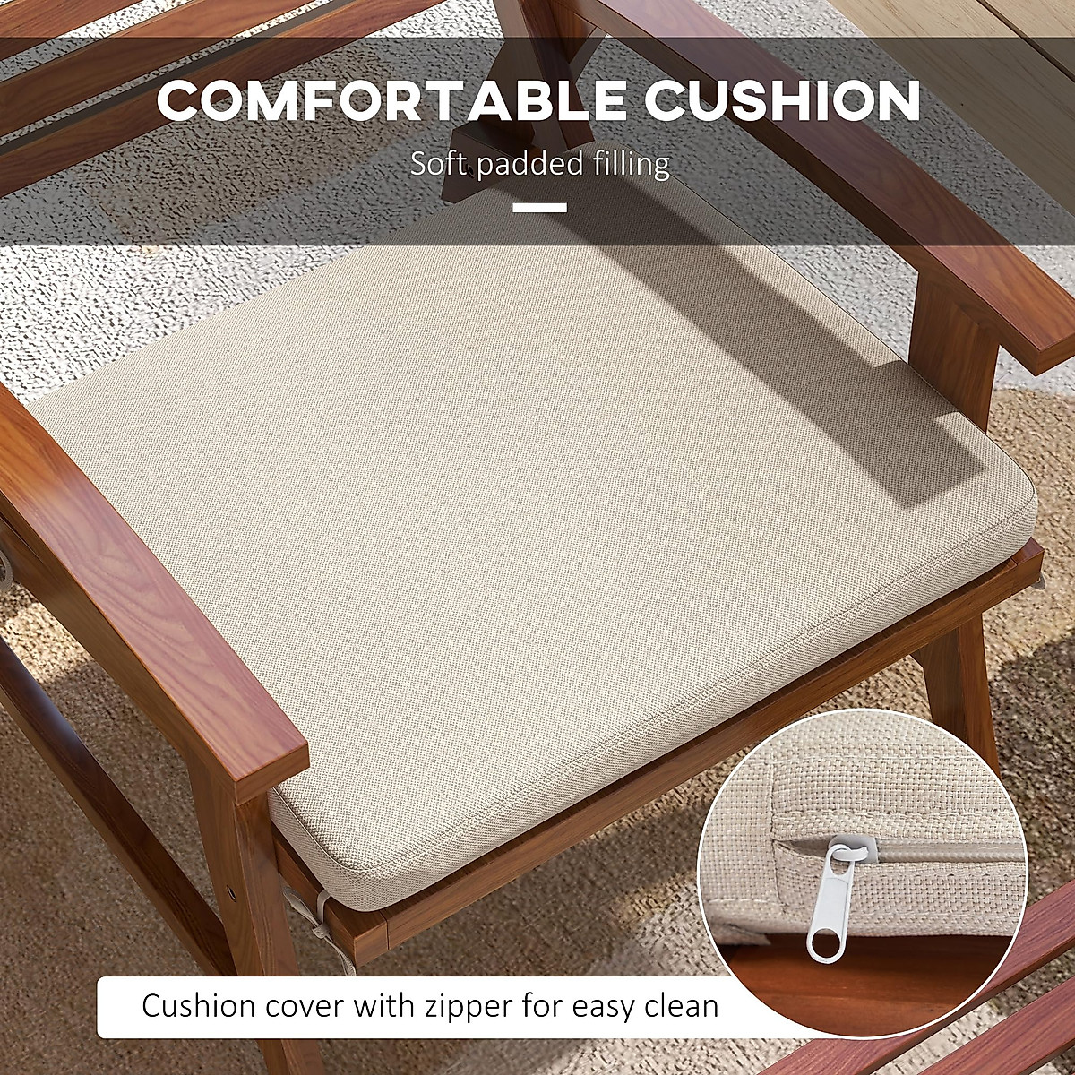 Outsunny 4 Piece Patio Furniture Set, 2 Chairs with Cushions & Ottomans, Outdoor Chair Set for 2 with Footstools, Slatted Acacia Wood Seat & Backrest, Cream White