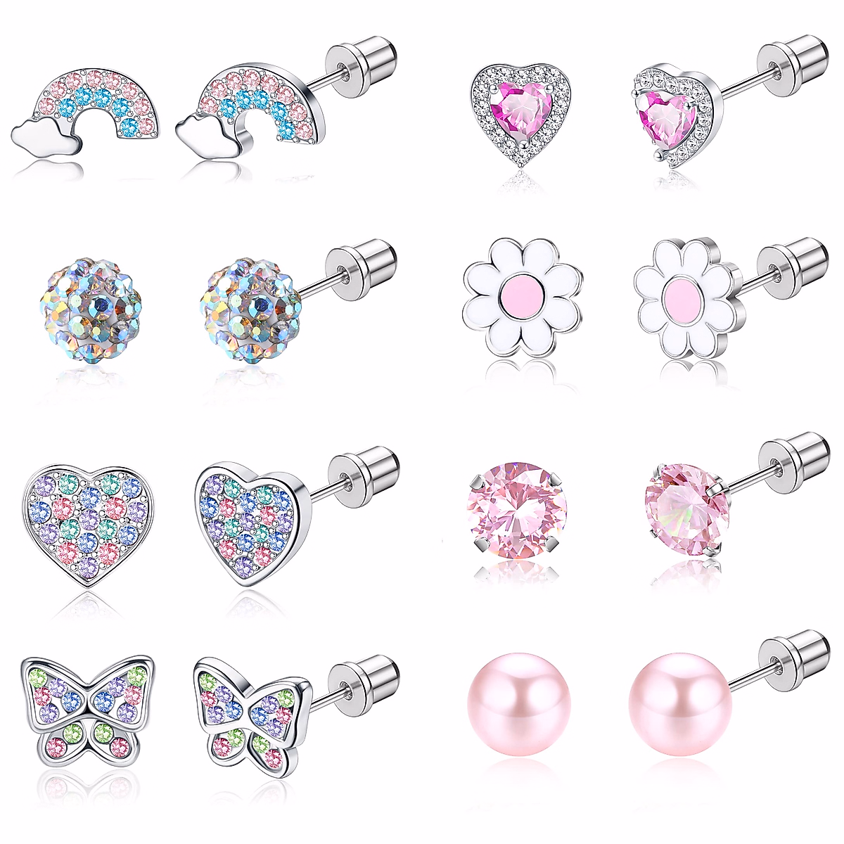 LOLIAS Hypoallergenic Screw back Earrings for Women 316L Surgical Steel CZ ScrewBack Earring 8 Pairs Colorful Heart Butterfly Flower Sensitive Tiny Stud Earrings Set