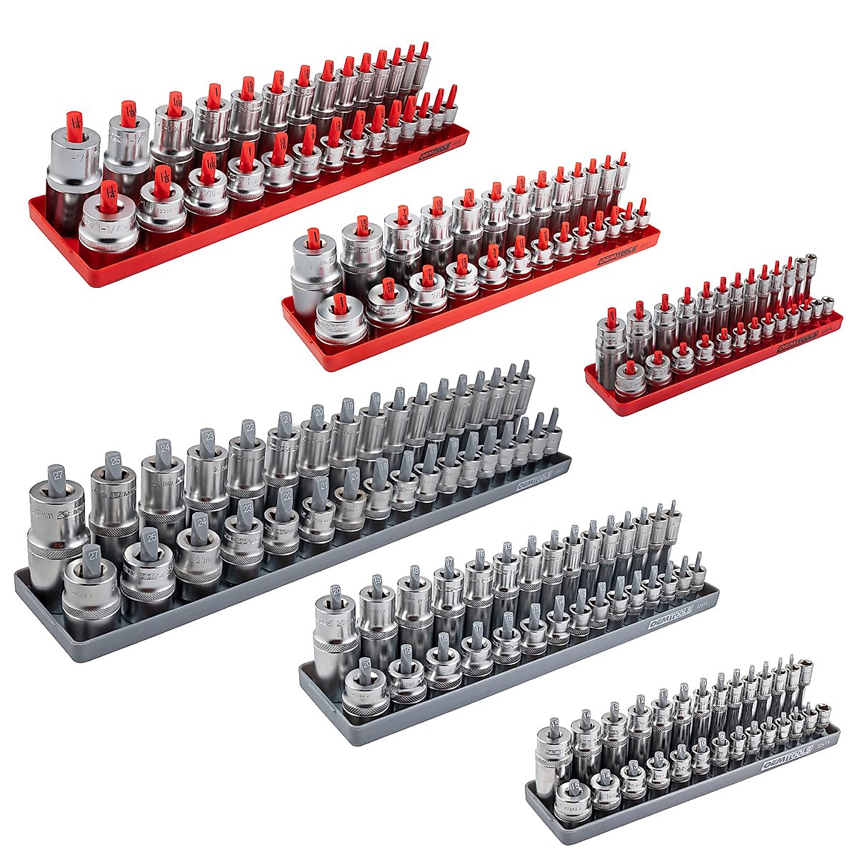 OEMTOOLS 22413 6 Piece SAE and Metric Socket Tray Set, SAE and Metric Socket Storage for Sizes 1/4", 3/8”, and 1/2" Drive, Socket Holders and Socket Organizer Tray for Toolbox, Red/Grey