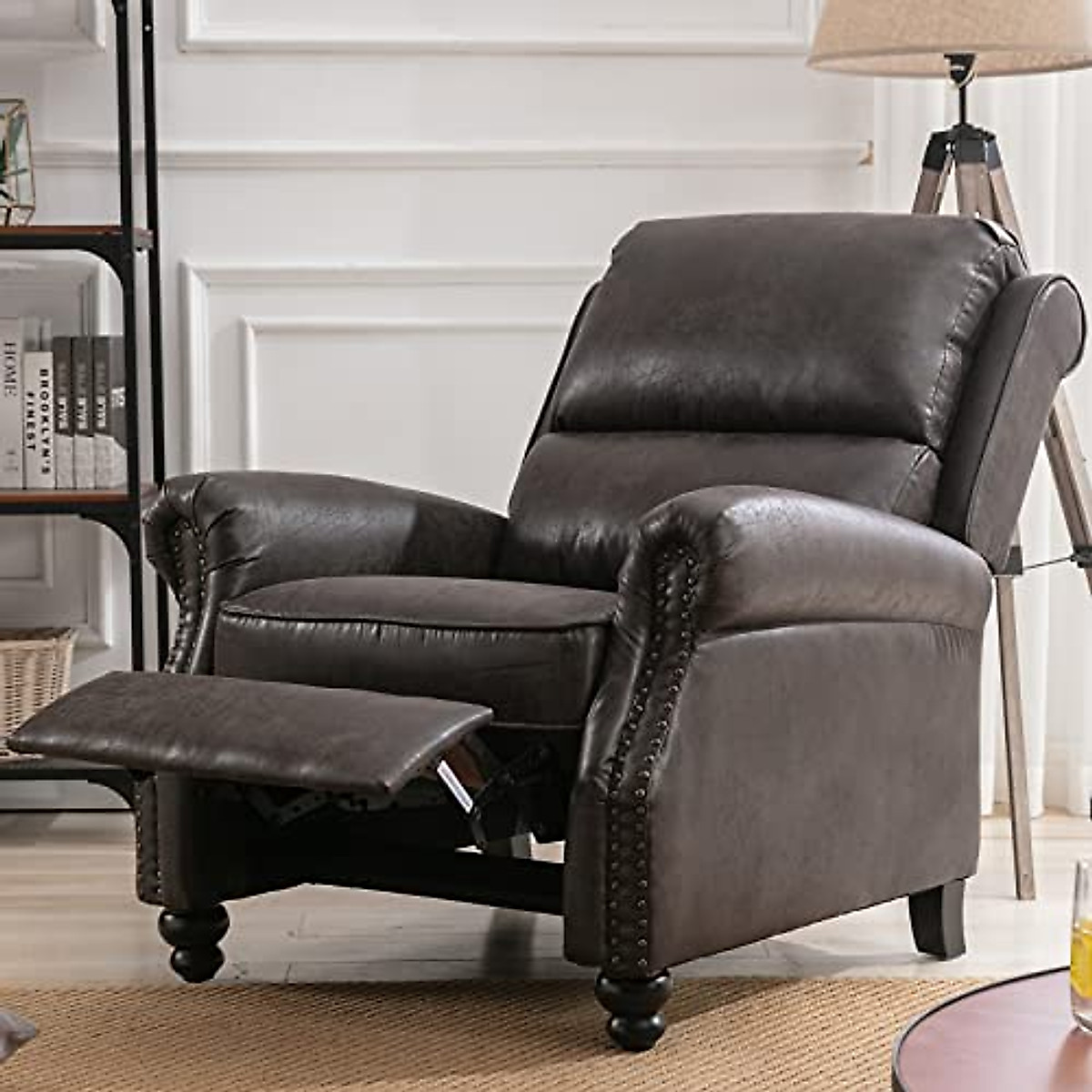CANMOV Pushback Recliner Chair Leather Armchair Push Back Recliner with Rivet Decoration Single Sofa Accent Chair for Living Room, Dark Grey