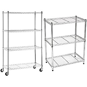 AmazonBasics 4-Shelf Shelving Storage Unit on 3'' Wheel Casters, Chrome Silver & 3-Shelf Adjustable, Heavy Duty Storage Shelving Unit (250 lbs per shelf), Steel Wire Rack, Chrome (23.3L x 13.4W x 30H)
