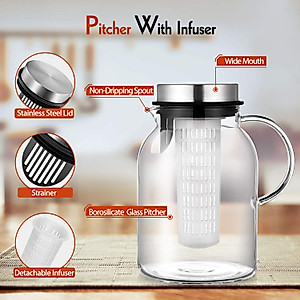 Glass Water Pitcher, Fruit Infuser Pitcher with Removable Lid, High Heat Resistance Infusion Pitcher for Hot/Cold Water, Flavor-Infused Beverage & Iced Tea - 2 Qt