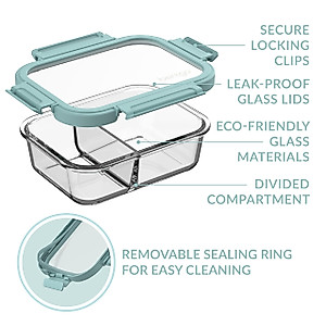 Bentgo Glass Leak-Proof Meal Prep Set - 4-Piece Lunch & Dinner 2-Compartment Glass Food Containers with Glass Lids - Reusable, BPA-Free, Microwave, Freezer, Oven & Dishwasher Safe (Seafoam/Seaglass)