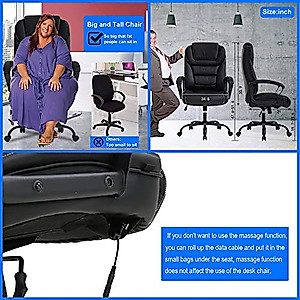 500lbs Big & Tall Task Office Chair, Wide Seat Desk Chair with Massage Lumbar Support Armrest Swivel Rolling High Back Leather Adjustable Ergonomic Computer Chair for Managerial Executive Chairs Black