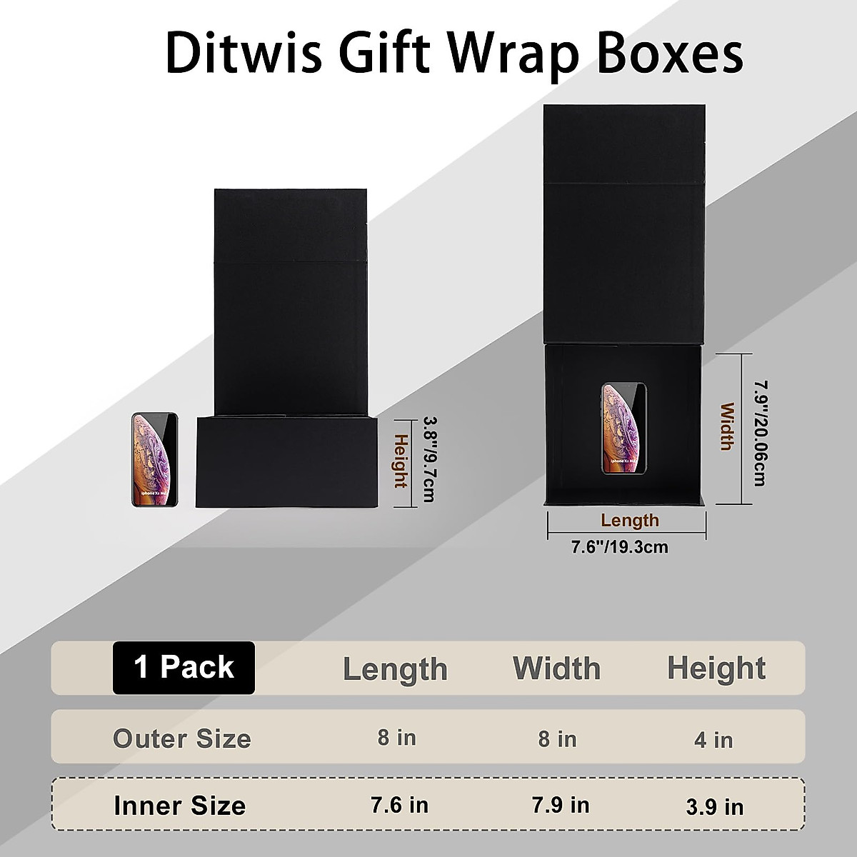 Ditwis 8x8x4 Inches Gift Box with Magnetic Closure Lid, Black Magnetic Boxes for Wedding, Groomsmen Bridesmaid Proposal, Birthdays, Mother's Day, 1 Pack