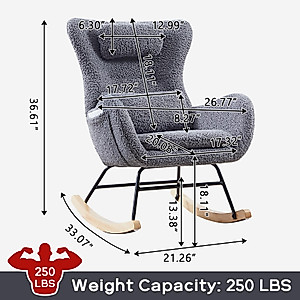 NIOIIKIT Nursery Rocking Chair, Teddy Upholstered Glider Rocker with Headrest and Lumbar Pillow, High Backrest Rocking Accent Chair with Side Pocket, Comfy Armchair for Living Room (Grey)