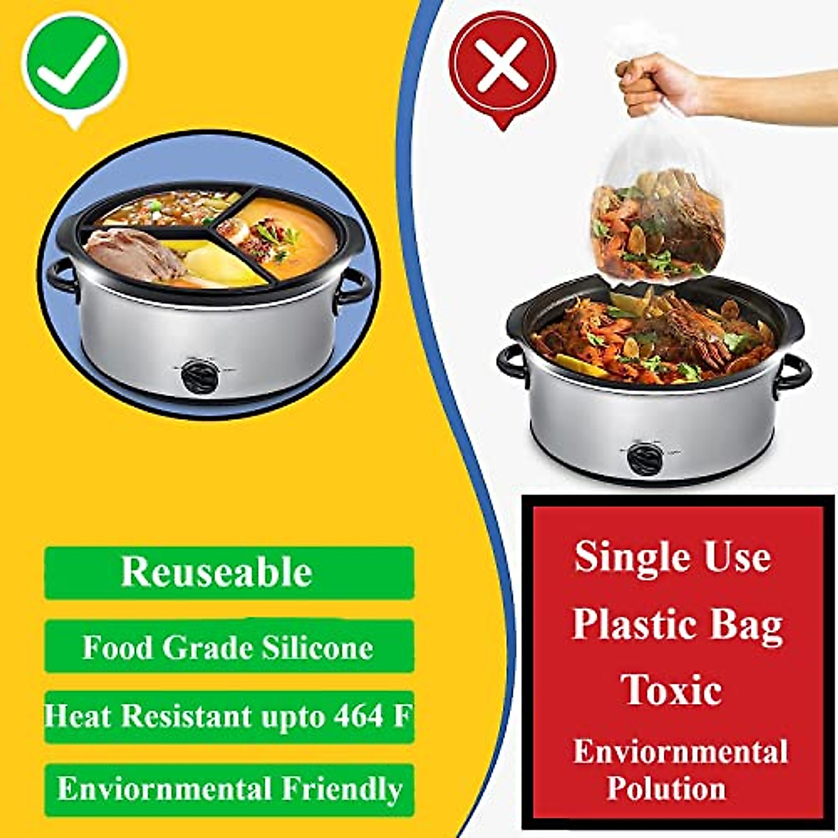 Melon Melo 3-PCS Silicone Crockpot Divider Insert | Mini Crock Pot Divider | Small Crockpot | Slow Cooker Reusable Leak-proof, Dishwasher Safe for all 6-8 Quart QT Crockpot Cookers Accessories