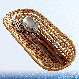 Cabilock Autumn Rattan Flatware Tray Basket Kitchen Cutlery Holder Stand Handmade Knitting Plate-basket Tableware Organizer Khaki (Size L 12 cm)