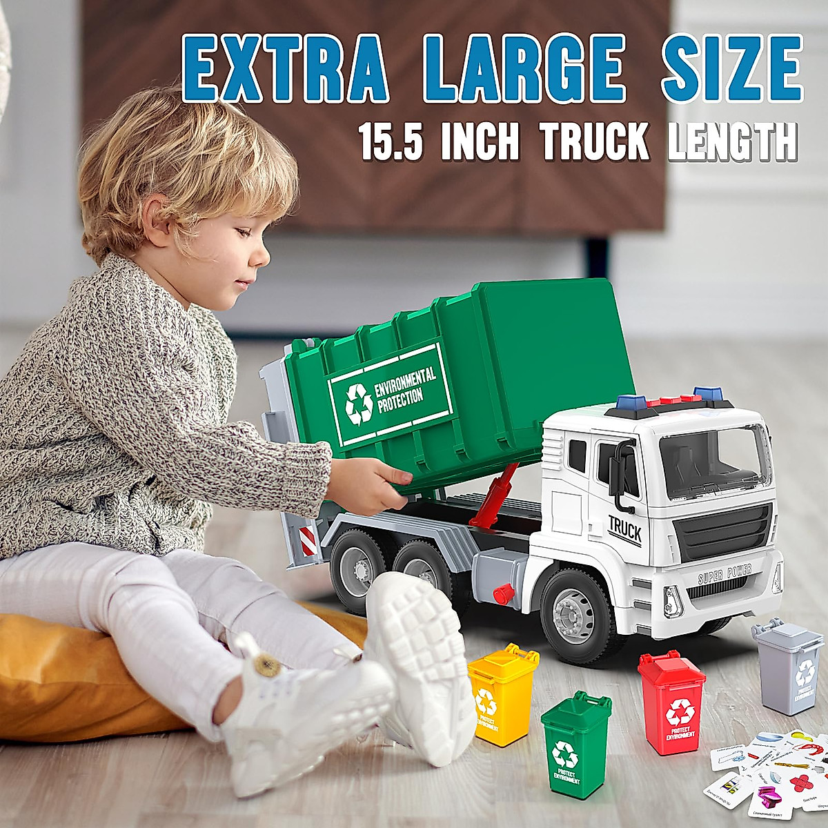 Moritakk 15.5" Large Garbage Truck Toys for 3 4 5 6 7 8 Year Old Boys,Back Dump Garbage Recycling Garbage Truck Toy with 4 Rear Loader Trash Cans,Christmas Birthday Sound Gift for Kids 3+