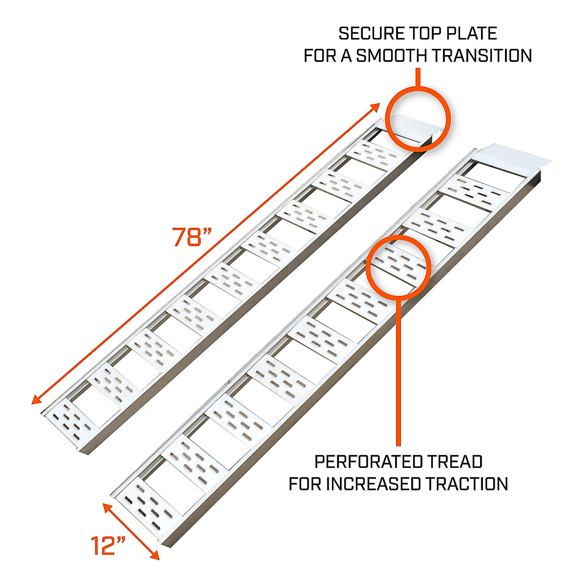 CARGOSMART Aluminum Straight Fixed Ramp with Treads (2pk) - Easily and Safely Load and Unload Light Equipment, Lawn Tractors, ATVs and More, 1,250 lb. Capacity, 12" W x 78" L