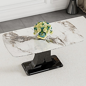 Pvillez 63" White Faux Marble Dining Table, Modern Kitchen Table for 4 6 People, Rectangular Dinner Room Table Marble Sintered Stone Top & Black Curved X Shape Pedestal Table for Dining Room Kitchen