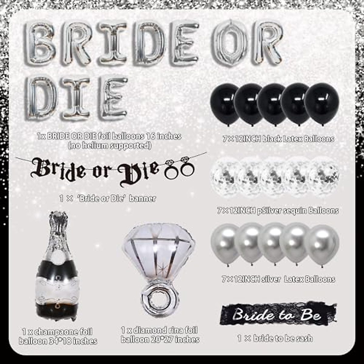 Bride or Die Bachelorette Party Decorations - Silver and Black Bride or Die Balloons,Banner and Bride To Be Sash for Engagement Wedding Bachelorette Party Supplies