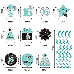 Happy 16th Birthday Party Hanging Swirls Streams Ceiling Decorations, Celebration Sweet 16 Foil Hanging Swirls with Cutouts for 16 Years Teal Silver Black Blue Birthday Party Decorations Supplies