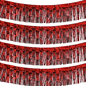Blukey 10 Feet by 15 Inch Red Foil Fringe Garland - Pack of 4 | Shiny Metallic Tinsel Banner | Ideal for Parade Floats, Bridal Shower, Bachelorette, Wedding, Birthday, Christmas | Wall Hanging Drapes