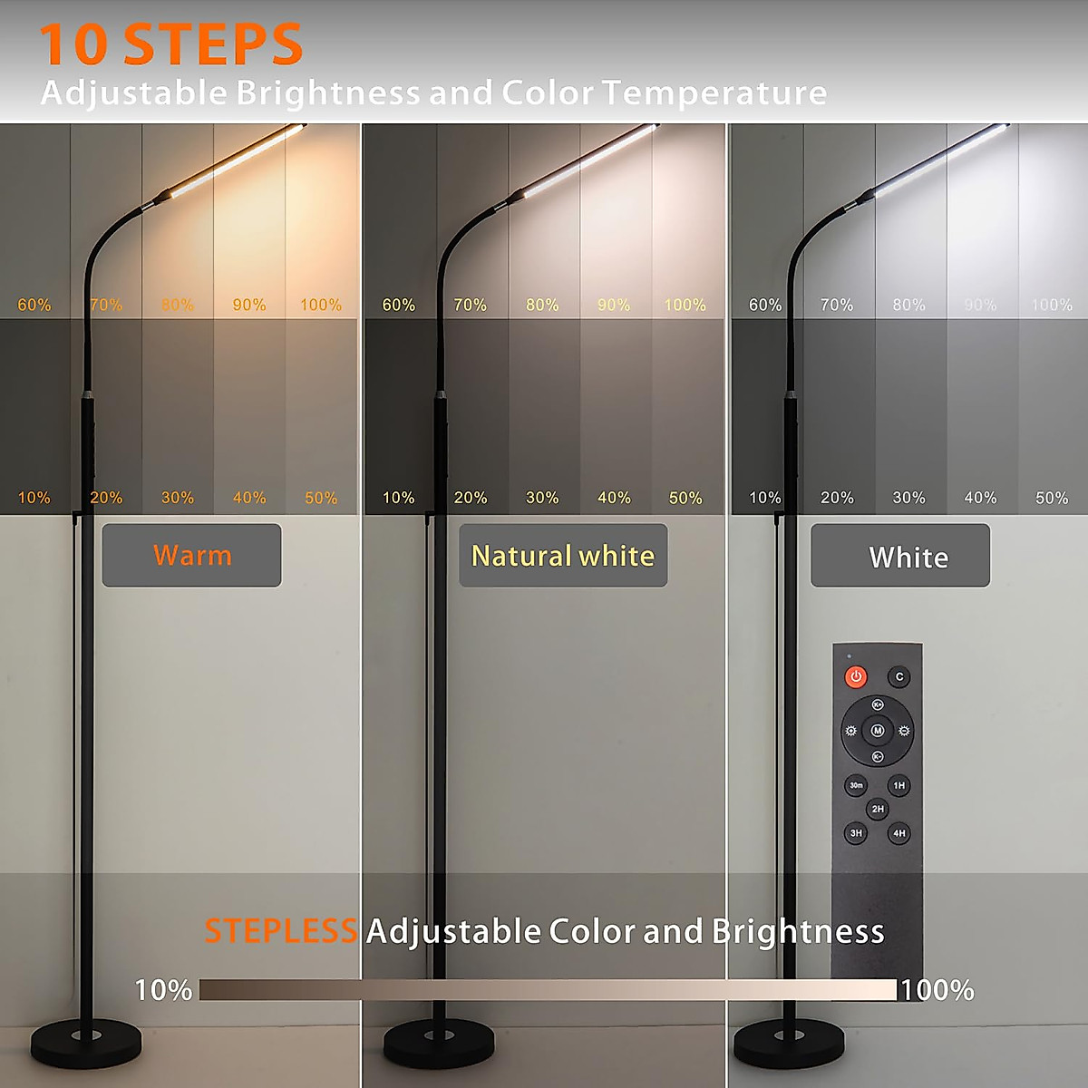 XXEAN LED Floor Lamp with Remote Touch Control,Dimmable 15W Pole Lamps for Living Room,70'' Adjustable Height Standing Reading Light with 10 Brightness/5 Timer/3 Colors for Lash Tatto Esthetician