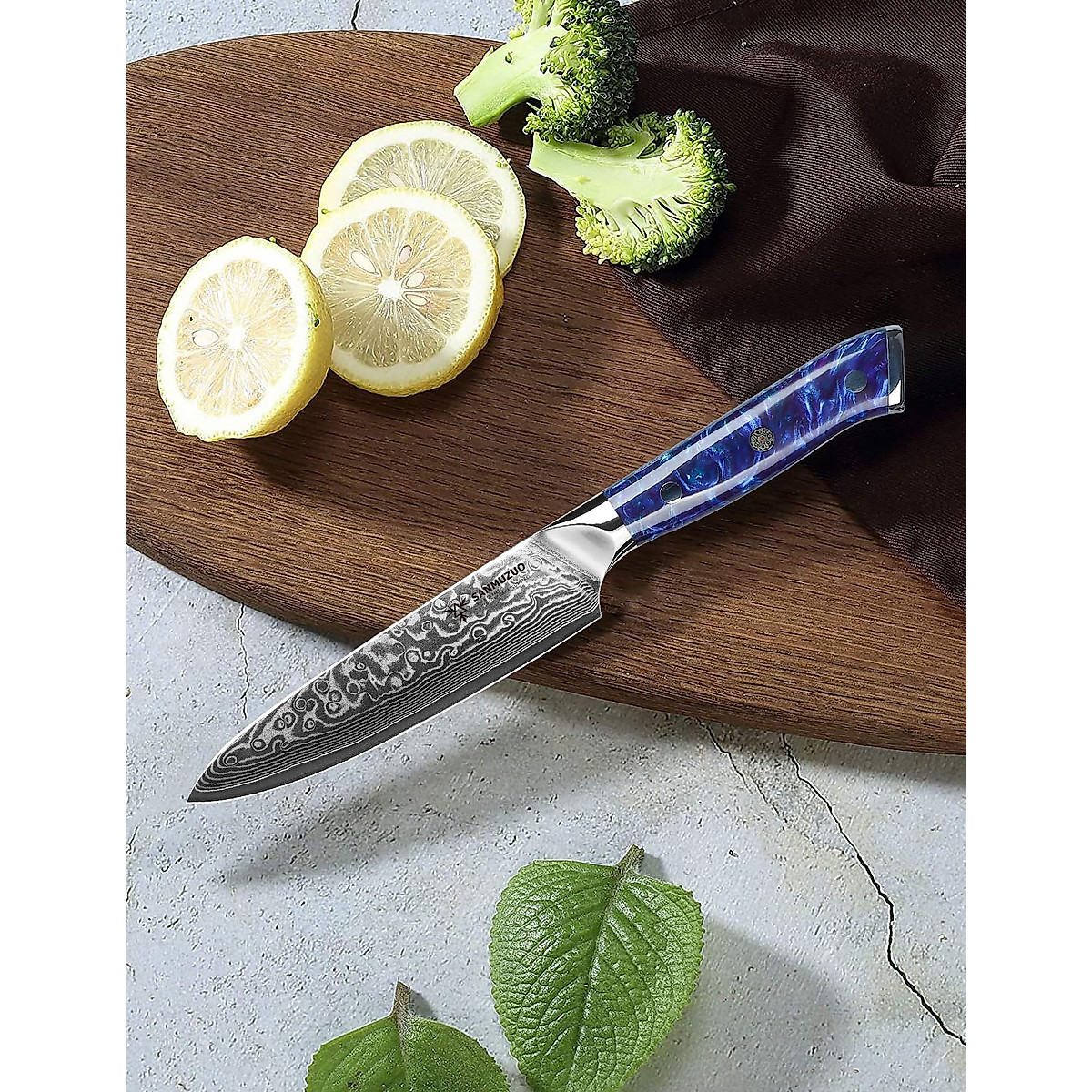 SANMUZUO 5 Inch Kitchen Utility Knife - Xuan Series - VG10 Damascus Steel Kitchen Knives - Resin Handle (Sapphire Blue)