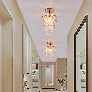 FRIXCHUR Mini Size Crystal Chandelier Modern Flush Mount Ceiling Light 3 Tiers Raindrops Crystal Pendant Lighting Fixture Decoration for Bedroom Hallway Living Room,E26 Base,Gold