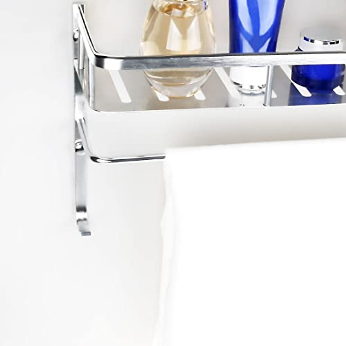 Qtqgoitem Wall Mounted Aluminum 1 Layer Bathroom Shelf Basket with Hooks Towel Bar Shower Caddy Storage Organizer, DIY Toliet Rack Holder, Tone, 42 x 17 x 12cm (Model: 56f 736 71b 712 f97)