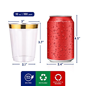 JOLLY CHEF 100 Pack 10 oz Gold Plastic Cups, Clear Plastic Glasses Tumblers, Elegant Gold Rimmed Disposable Cups Perfect for Weddings, Thanksgiving Day, Christmas