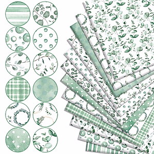 Whaline 12Pcs Greenery Cotton Fabric Bundles Watercolor Green Eucalyptus Leaves Fat Quarters Sewing Fabrics for DIY Handmade Crafting, 18 x 22 Inch