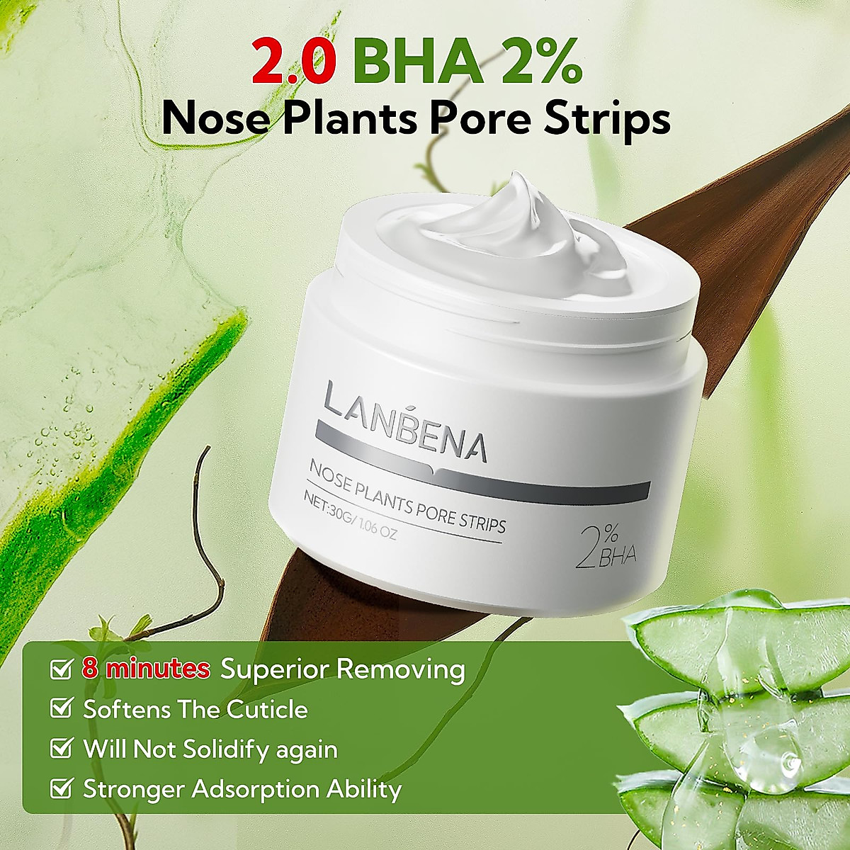 LANBENA 2.0 Nose Pore Strips, Blackhead Remover Mask with Salicylic Acid, Amazonian White Clay, Pore Cleanser Purifying Peel off Face Mask with 60 PCS Strips, Aloe Facial Mask(1.05 Ounce)
