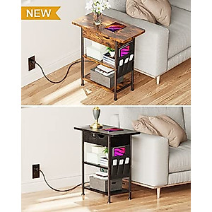 TARKARI Side Table end Table with Charging Station Living Room Narrow end Tables with Storage Bedside Table Flip Top Night Stand USB Ports and outlets Sofa Couch Table for Small Spaces