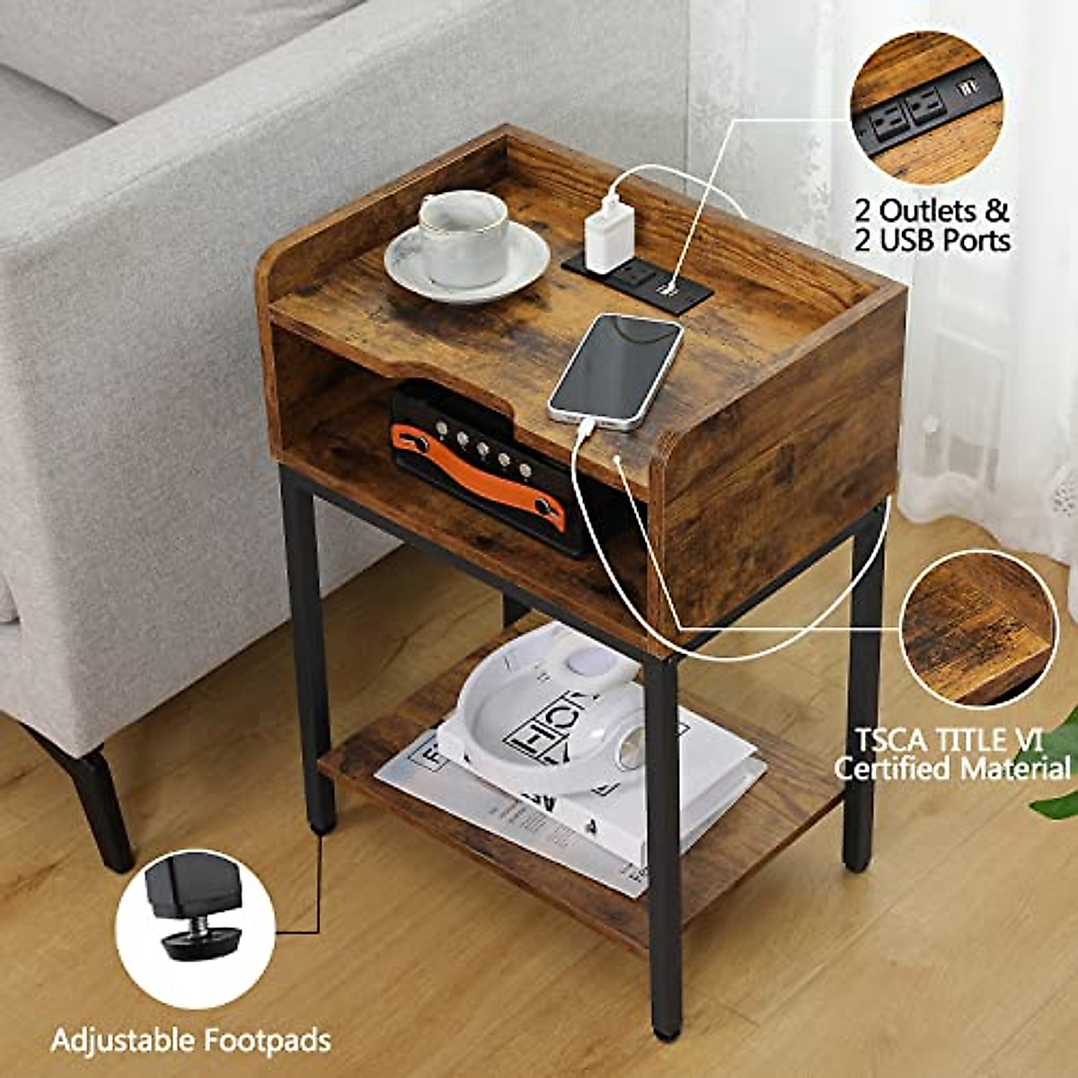 Nightstand with Charging Station, Side Table End Table with USB Ports and Power Outlets, Modern Bedside Night Stand for Bedroom, Living Room, Retro Brown 1-Pack