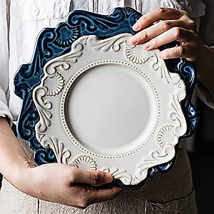 KOWMcp Dinner Plates Vintage Embossed Dessert Plate Ceramic Salad Dish Steak Pasta Dinner Plate Kitchen Tableware Dinnerware Party Household (Color : White, Size : C)