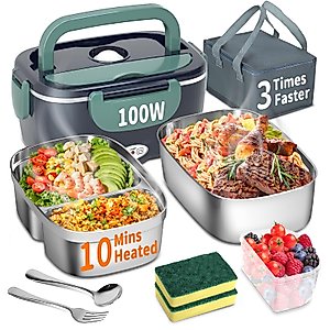 IFENROL Electric Heated Lunch Box 100W - 3-IN-1 Fast Heating Lunch Boxes Portable for Adults, 12V/24V/110V with 2 Pack Containers (Single & Compartment) for Car Truck Office (3 Times Faster)