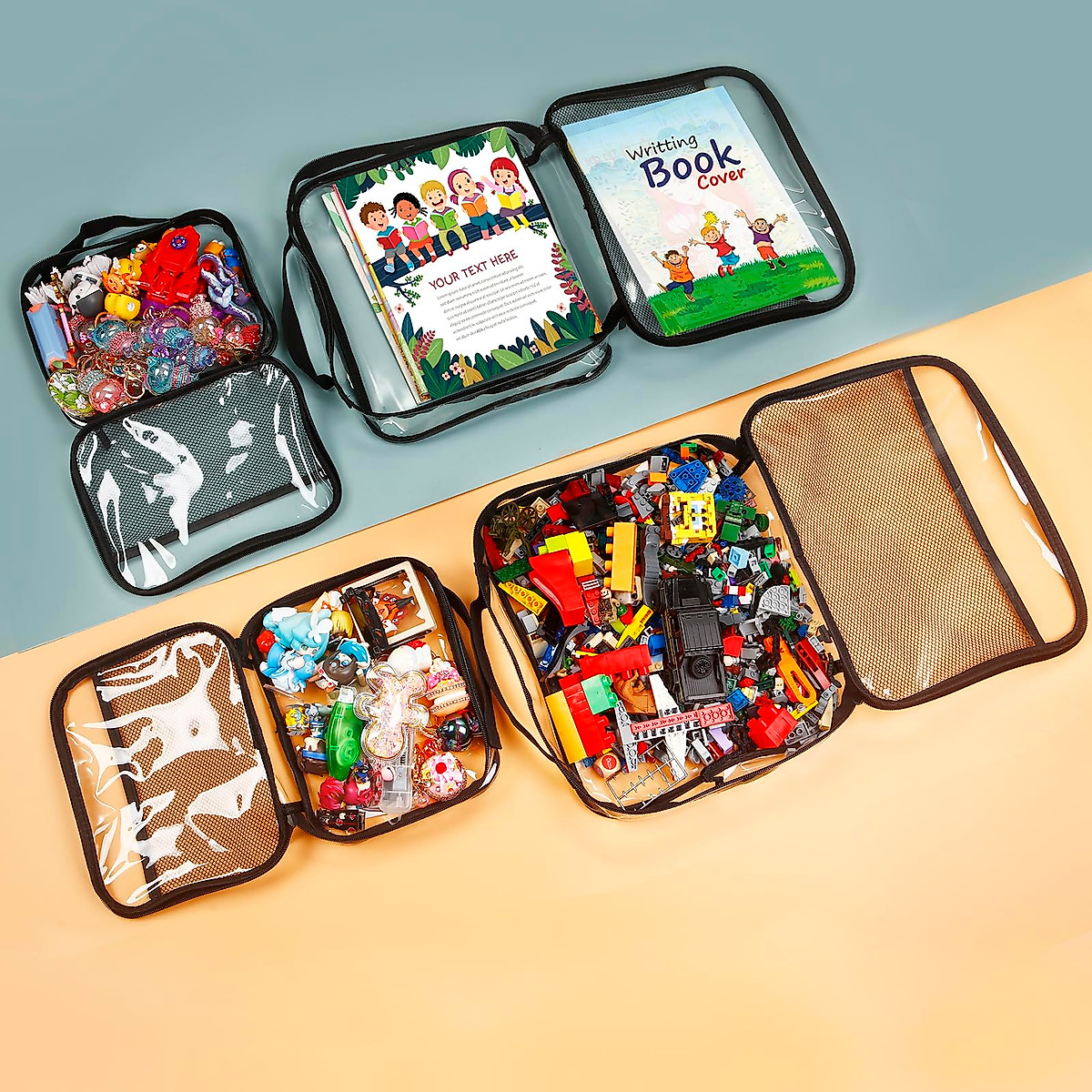 PandaEar 4 Pack Toy Storage Zippered Bags, Clear PVC Portable Organizer Bags with Manual Pockets for Board Games, Puzzles, Building Blocks, Book & Small Toys -Small, Large