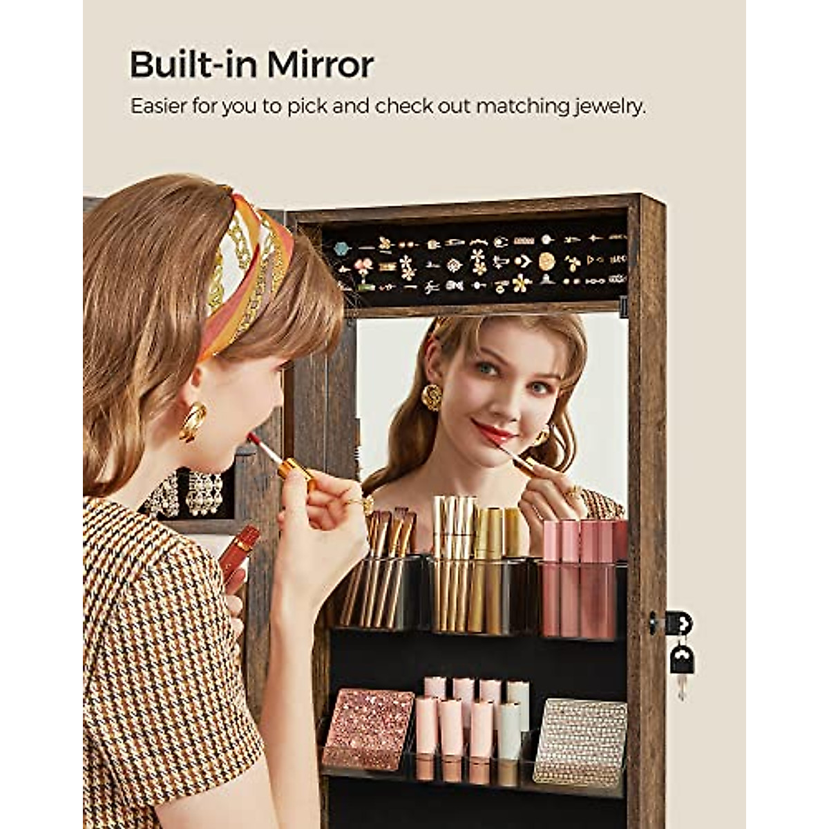 SONGMICS Jewelry Cabinet Armoire, Wall/Door Mount Storage Organizer with Full-Length Mirror, Lockable Cabinet with Built-in Small Mirror, Shelves, Gift Idea, Rustic Brown UJJC003X01