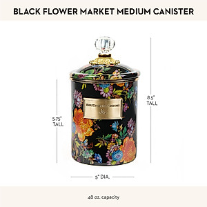 MACKENZIE-CHILDS Black Flower Market Enamel Canister, Floral Kitchen Storage Container with Lid, Medium