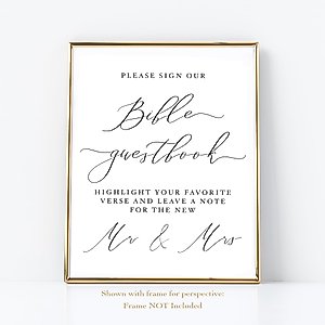 Bible Guestbook Sign for Wedding | (1) 8x10 White with black caligraphy on Thick Cardstock Paper | Please Sign Our Bible Highlight Your Favorite Verse And Leave a Message For Bride and Groom Sign for